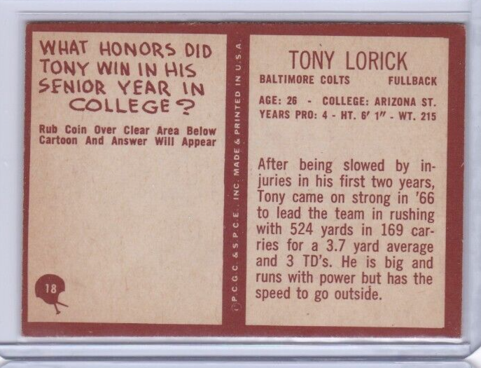 1967 PHILADELPHIA FOOTBALL #18 TONY LORICK- BALTIMORE COLTS IDBB | eBay