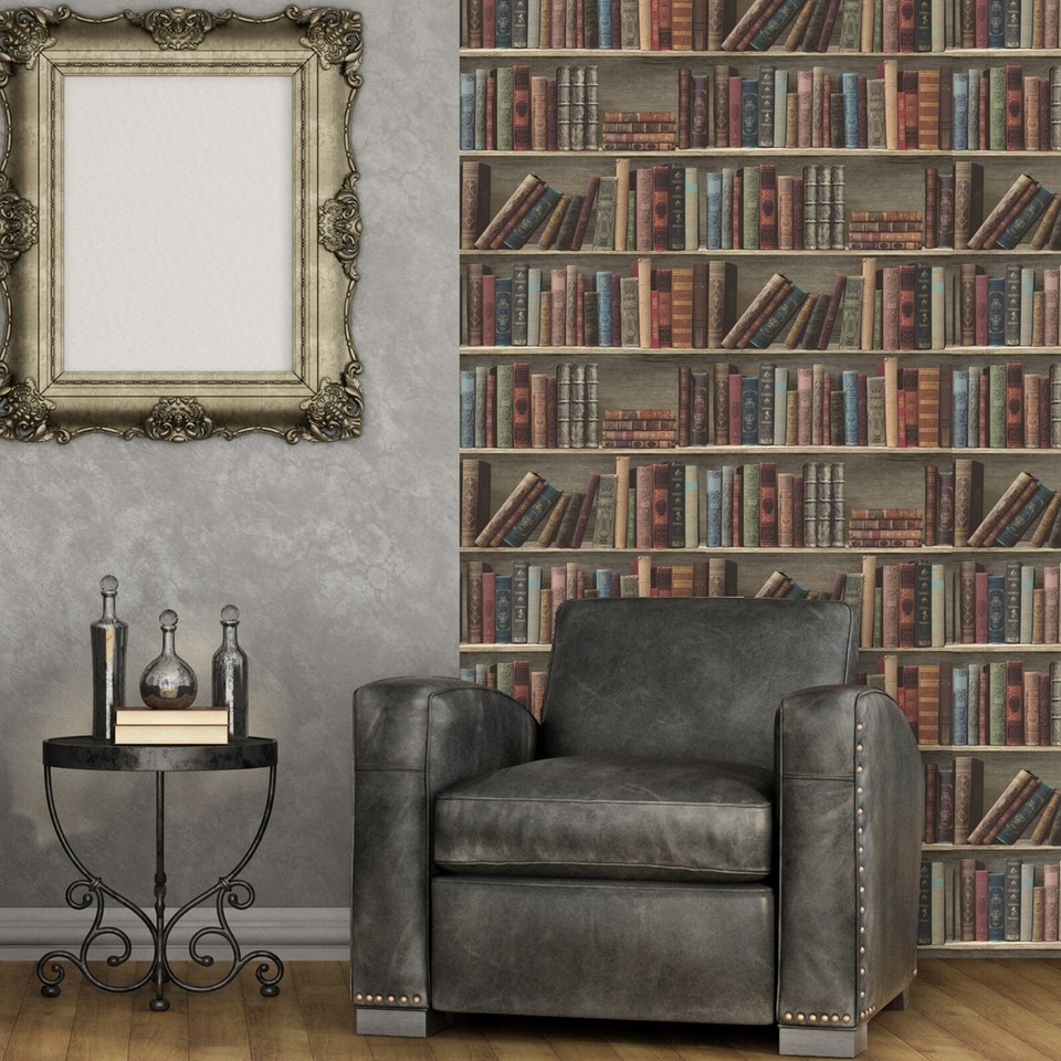 Retro Library Bookshelf Wallpaper Books Classic Antique Bookcase Rustic ...