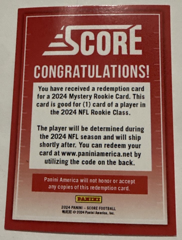 2024 SCORE FOOTBALL MYSTERY Rookie REDEMPTION CARD #402 UNSCRATCHED ...