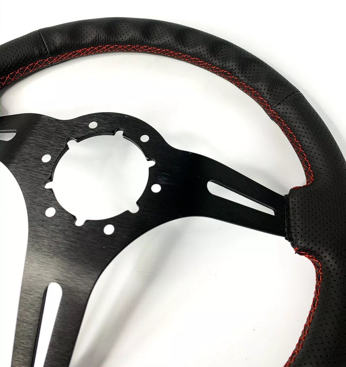 14" Black Perforated Leather Grip Red Stitching 6 Hole Steering Wheel w ...