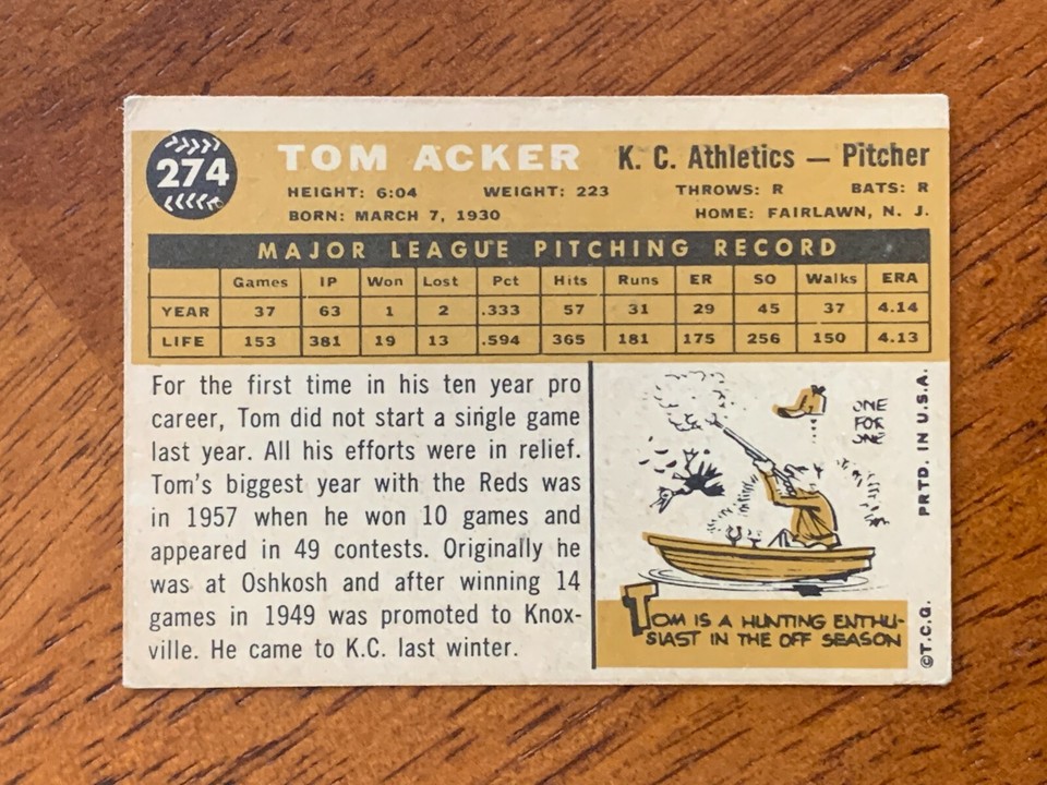 1960 Topps Baseball #274 - Tom Acker, Kansas City Athletics - ExMt | eBay