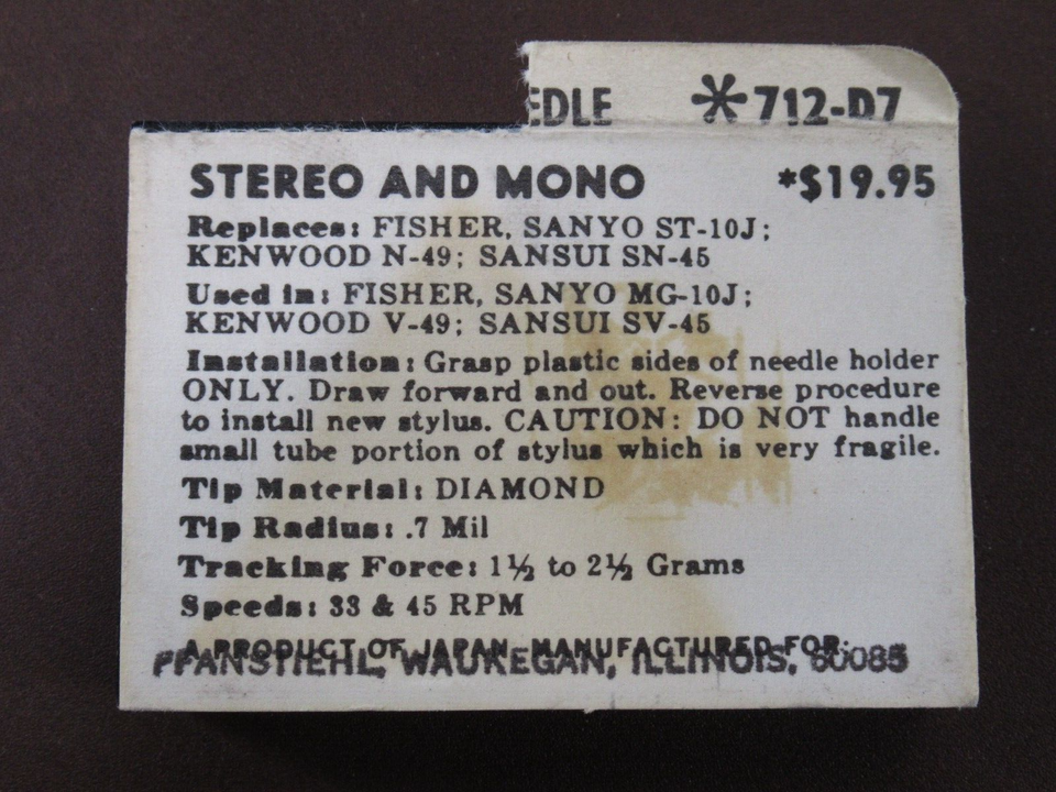 PFANSTIEHL Phono Needle, *712-D7, FISHER, SANYO ST-10J, KENWOOD N-49 ...