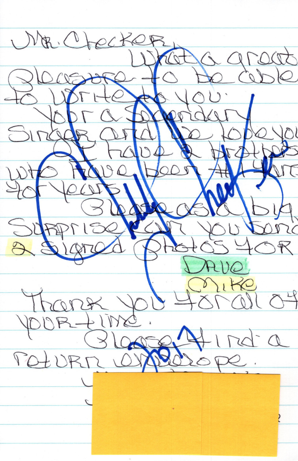 CHUBBY CHECKER HAND SIGNED AUTOGRAPH ON 5x8 FAN LETTER+COA THE TWIST ...