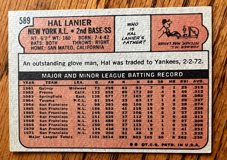 1972 Topps #589 YANKEES Hal Lanier EX | eBay