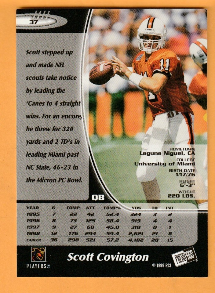 Scott Covington Miami Hurricanes AUTO Signed 1999 Press Pass Dana Point ...