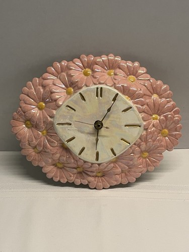 Vintage Atlantic Mold Ceramic Daisy Wall Clock Pink Iridescent Battery ...
