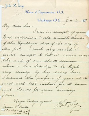 JOHN D. LONG - MANUSCRIPT LETTER SIGNED 01/21/1887 | eBay