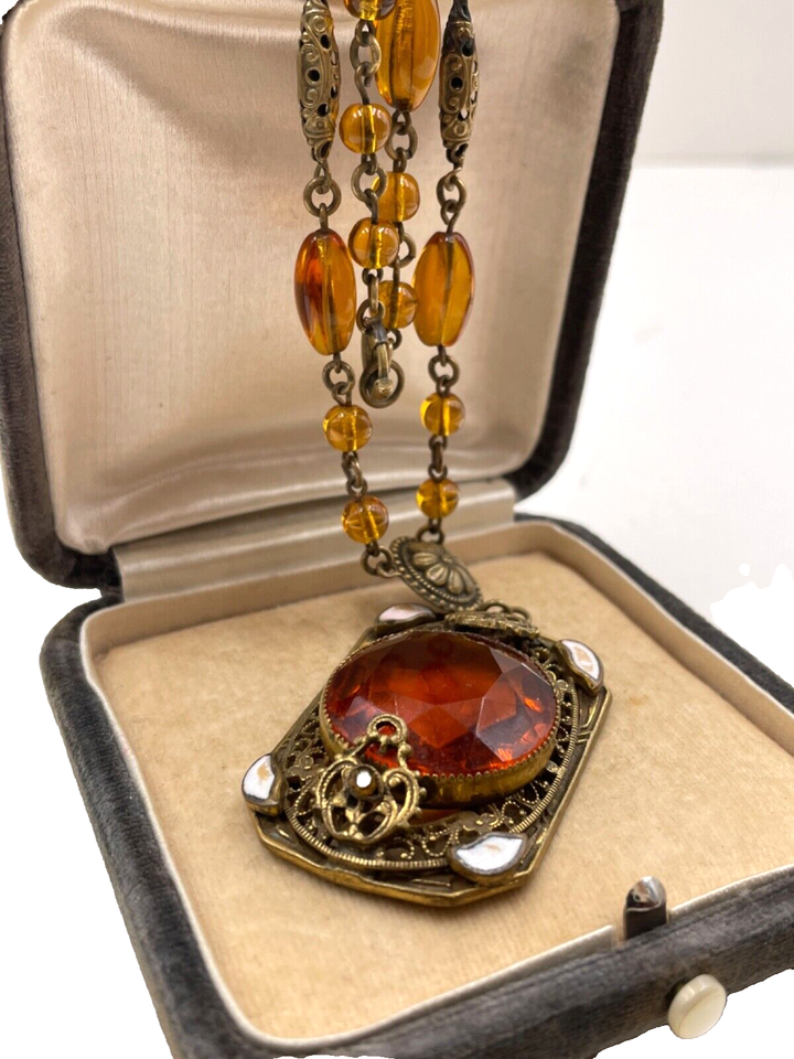 ANTIQUE NEIGER BROS NECKLACE ART DECO CZECH ENAMEL CRYSTAL GOLD-WASH ...