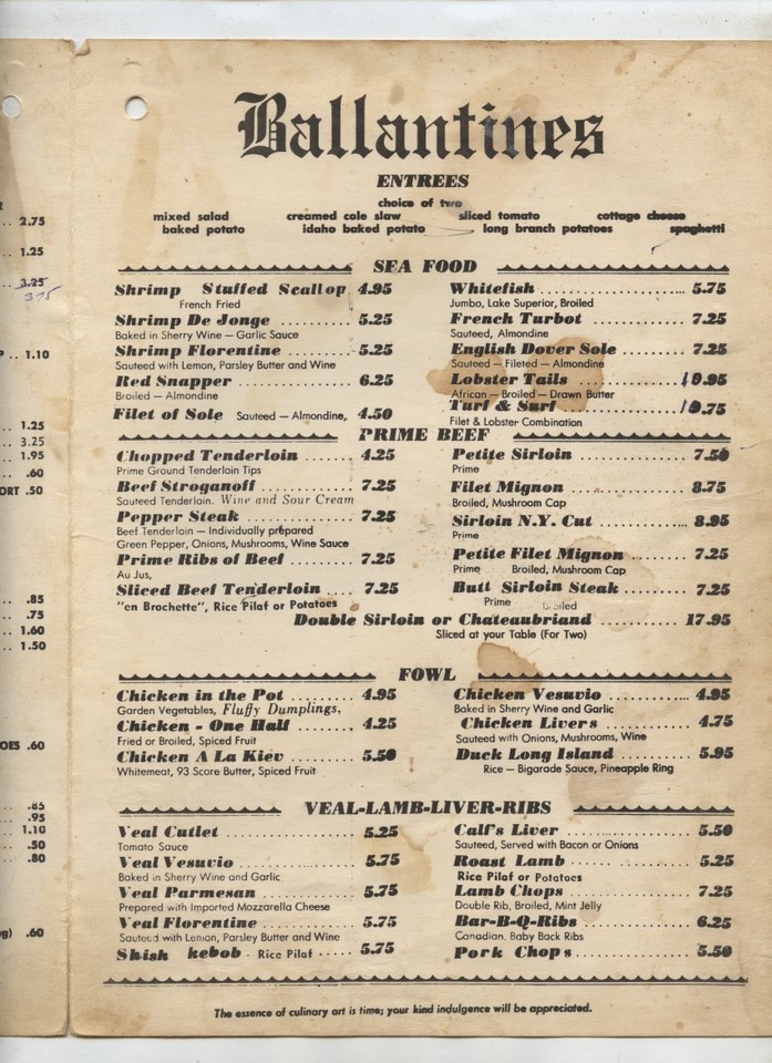 Ballantines Old English Restaurant and Pub Menu Chicago Illinois 1980's ...