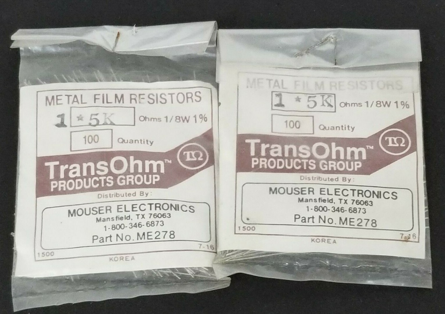LOT OF 200 NEW MOUSER ELECTRONICS ME278 METAL FILM RESISTORS 1*5K OHMS ...