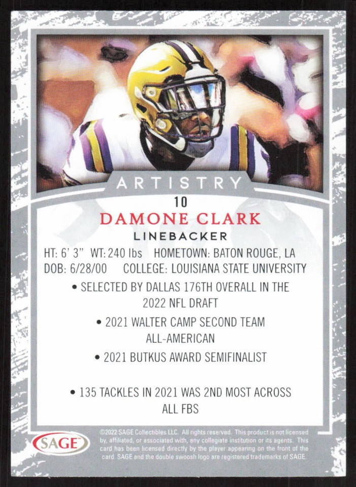 Damone Clark #10 Sage 2022 SAGE Artistry LSU Tigers Football Card | eBay