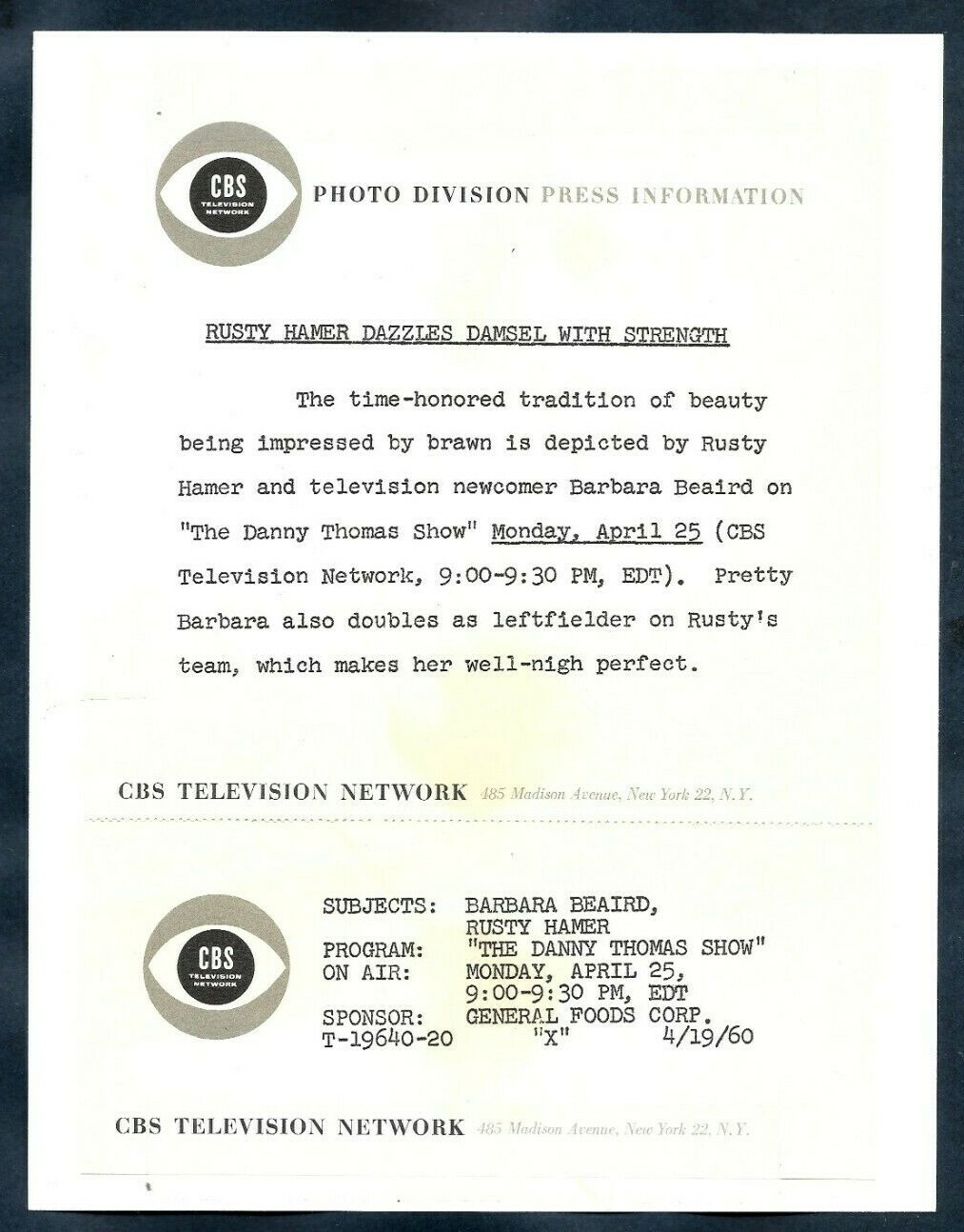 THE DANNY THOMAS SHOW BARBARA BEAIRD & RUSTY HAMER VINTAGE 1960 CBS ...