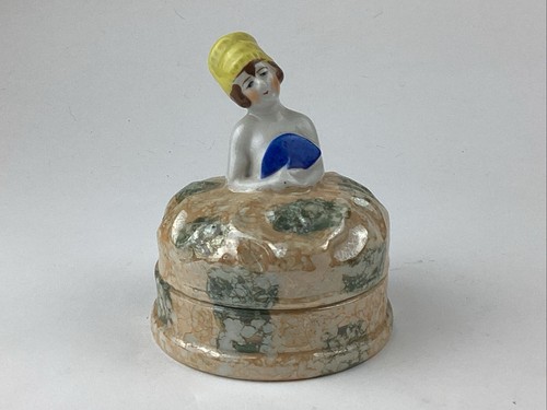 Vintage GoldCastle Lusterware Lady Powder Jar or Box Yellow Hat Blue ...