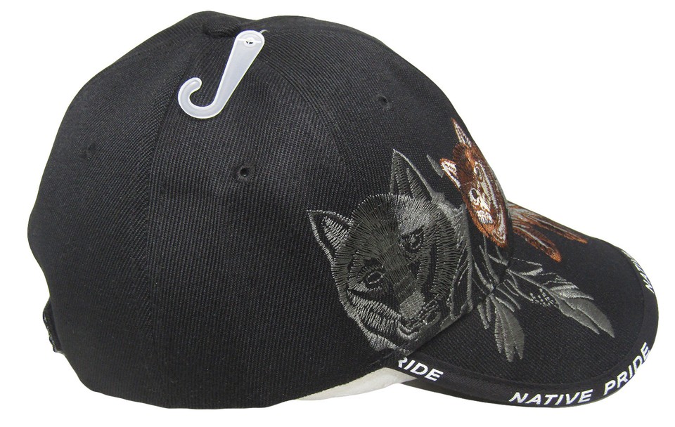 Native American Indian Wolf Feather Shadow BLACK Embroidered Cap Hat ...