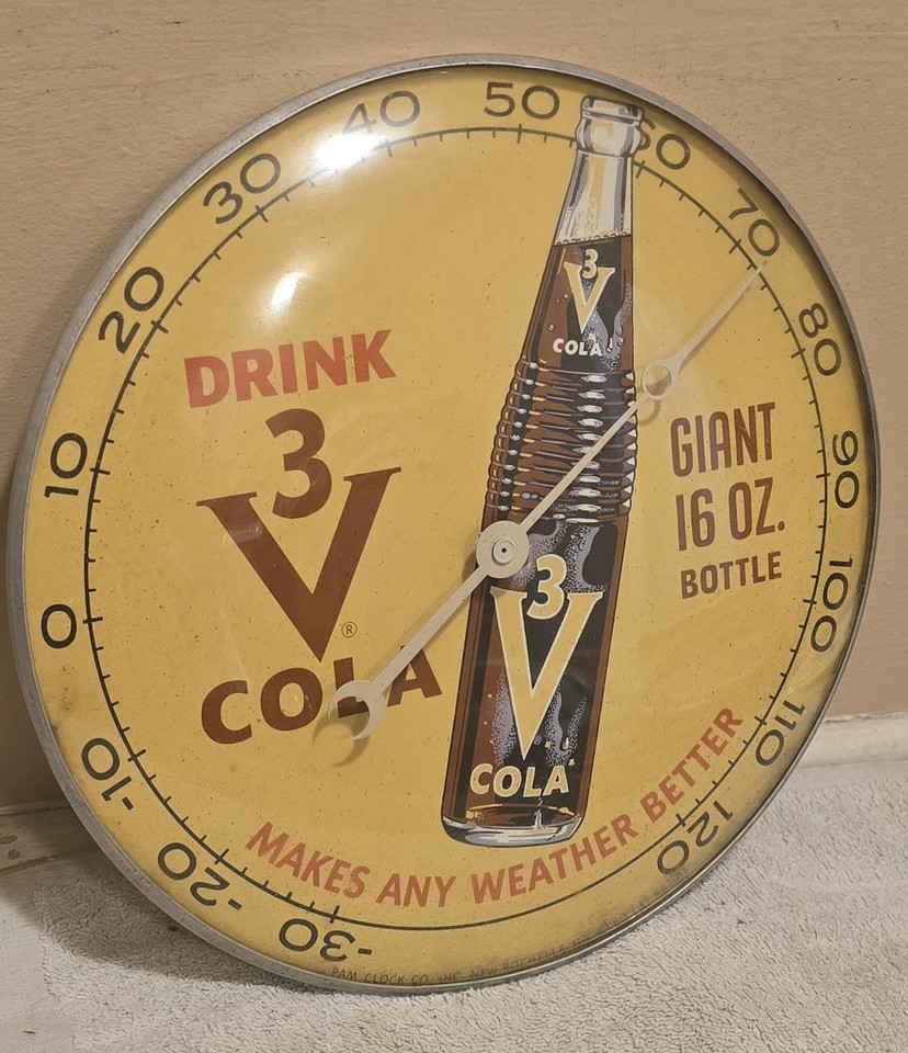 Vintage 3 V COLA soda pop 12" store gas station Advertising Thermometer ...