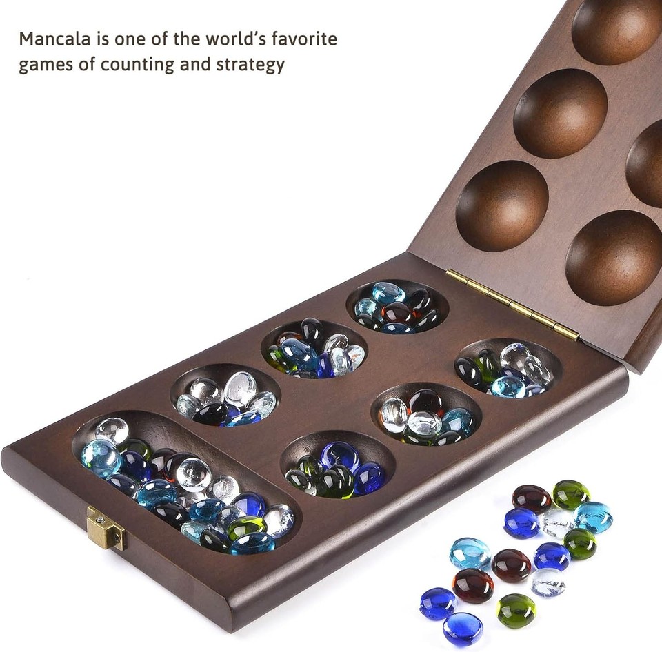 AMEROUS Wooden Mancala Board Game Set with 72+8 Bonus Multi Color Glass ...