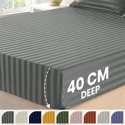 Luxury Fitted Sheet 40cm Extra Deep Stripe Bed Sheets Single Double ...