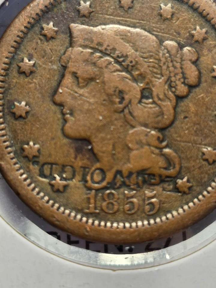 1855 Large Cent Counterstamp F.E.VOIGD. Very Nice Details! Pretty Coin ...