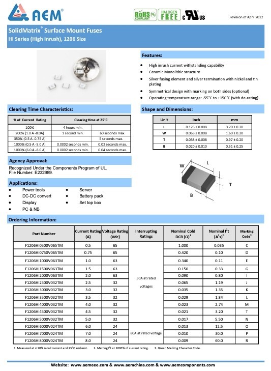 10PCS F1206HI5000V032TM AEM Fuse, Surface Mount, 5 A 32 V 1206 | eBay