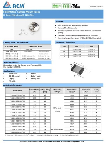 10PCS F1206HI5000V032TM AEM Fuse, Surface Mount, 5 A 32 V 1206 | eBay