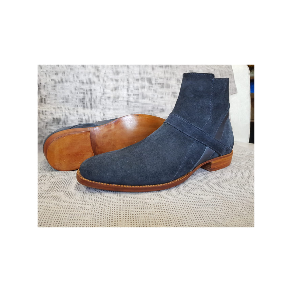 New Handmade Men's Blue Suede Leather Ankle High Chelsea Formal Boot | eBay
