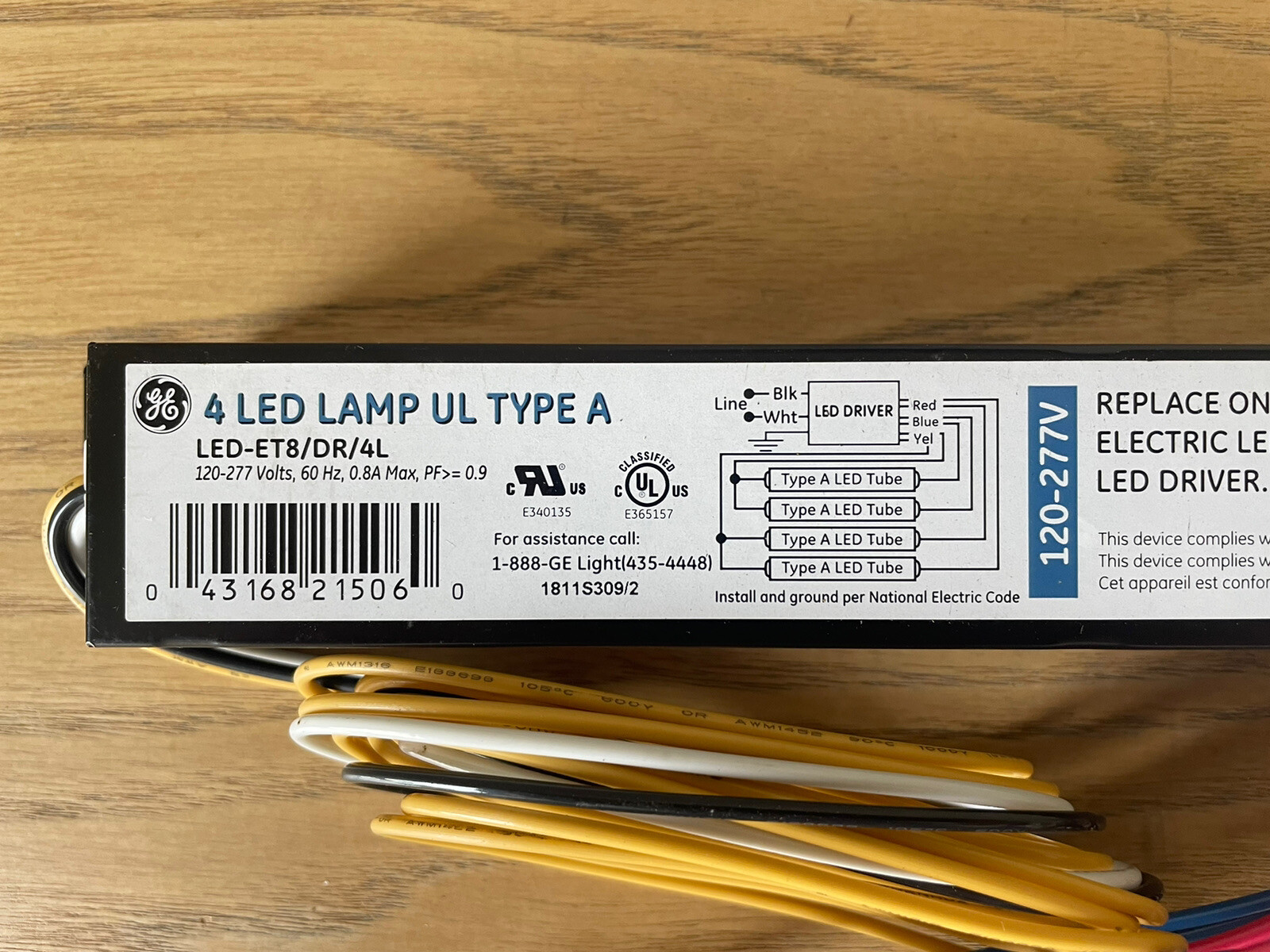 GE LIGHTING LED TUBE DRIVER, 4 LED LAMP UL TYPE A LED-ET8/DR/4L 21506 ...