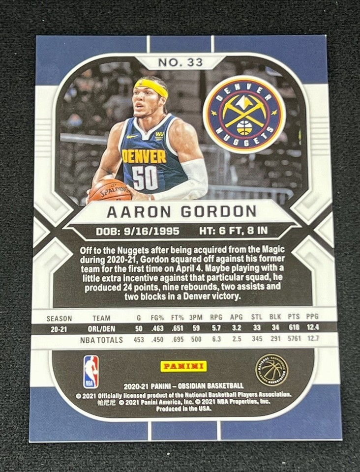 Aaron Gordon 2020-21 Panini Obsidian #33 Sports NBA Denver Nuggets Card ...