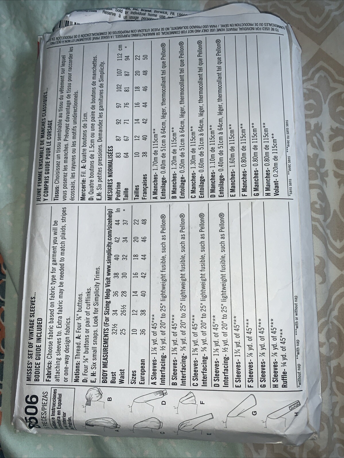 Simplicity Sewing Pattern 8506 Misses 10-22 Set of Sleeves Vintage ...