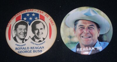 2x Ronald Reagan '80 & Reagan/Bush Inauguration Day 1981 Pinback Button ...