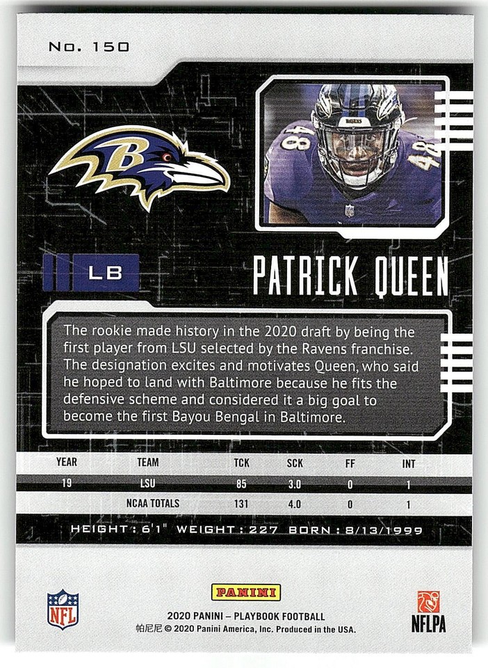 2020 Panini Playbook #150 RC Patrick Queen RC C4 | eBay