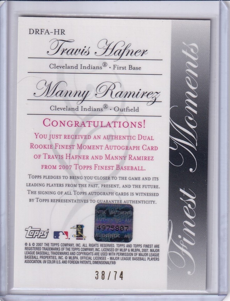 2007 Finest Rookie Moments AUTO Dual Travis Hafner Manny Ramirez ...