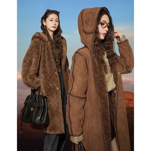 Womens Hood 100% Wool Long Coat Real Lamb Wool Shearling Fur Reversible ...