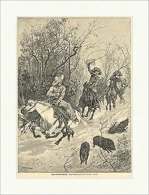 Jagd auf Bisamschweine Richter Jäger Lasso Wald Reiter Pferde Holzstich ...