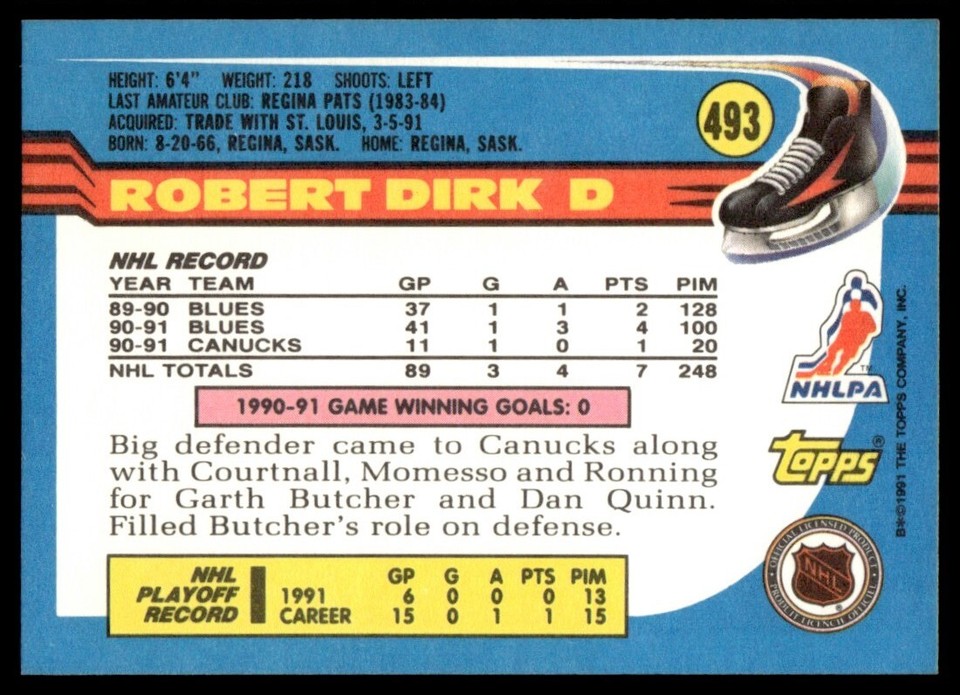 1991-92 Topps #493 Robert Dirk Vancouver Canucks | eBay