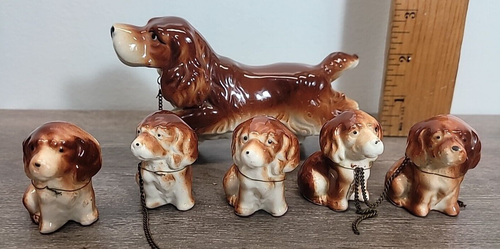 Set Of 6 Ceramic Irish Setter Dog and Her 5 Puppies on Chains Japan Vtg ...