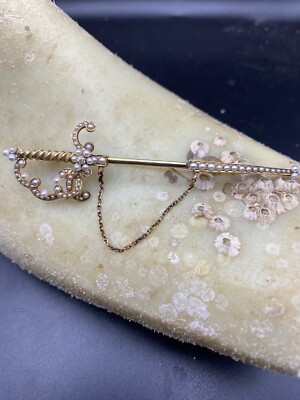 Sword Pin Jabot Brooch Seed Pearls Diamonds 12k Yellow Gold 10.11 Grams ...