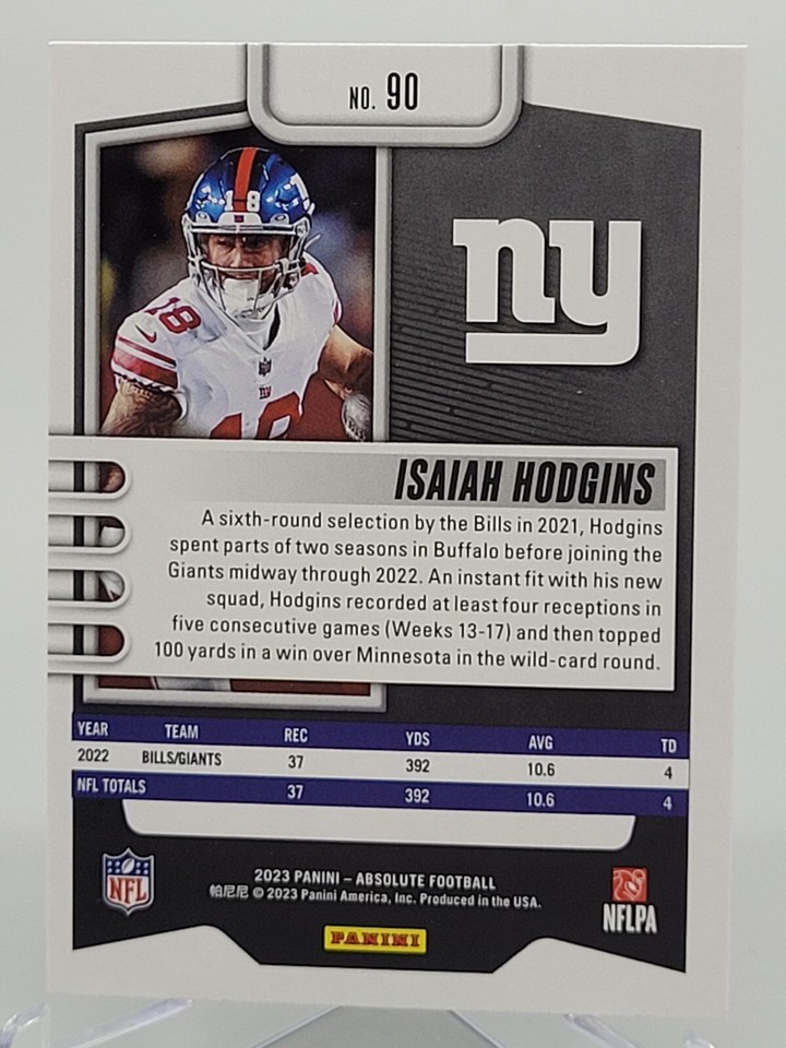 2023 PANINI ABSOLUTE ISAIAH HODGINS GREEN PARALLEL FOOTBALL CARD GIANTS ...