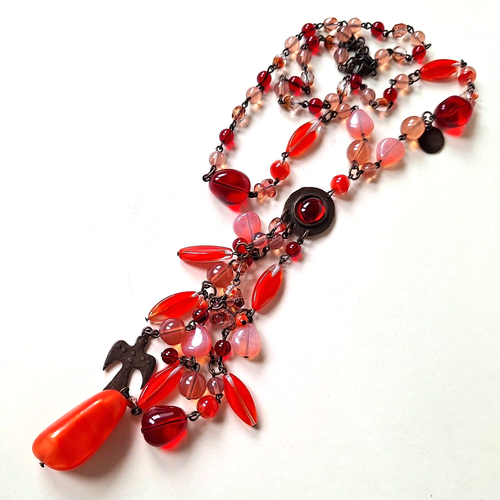 Vintage Style Necklace 23'' Red Glass Czech Vintage Beads Women`s ...