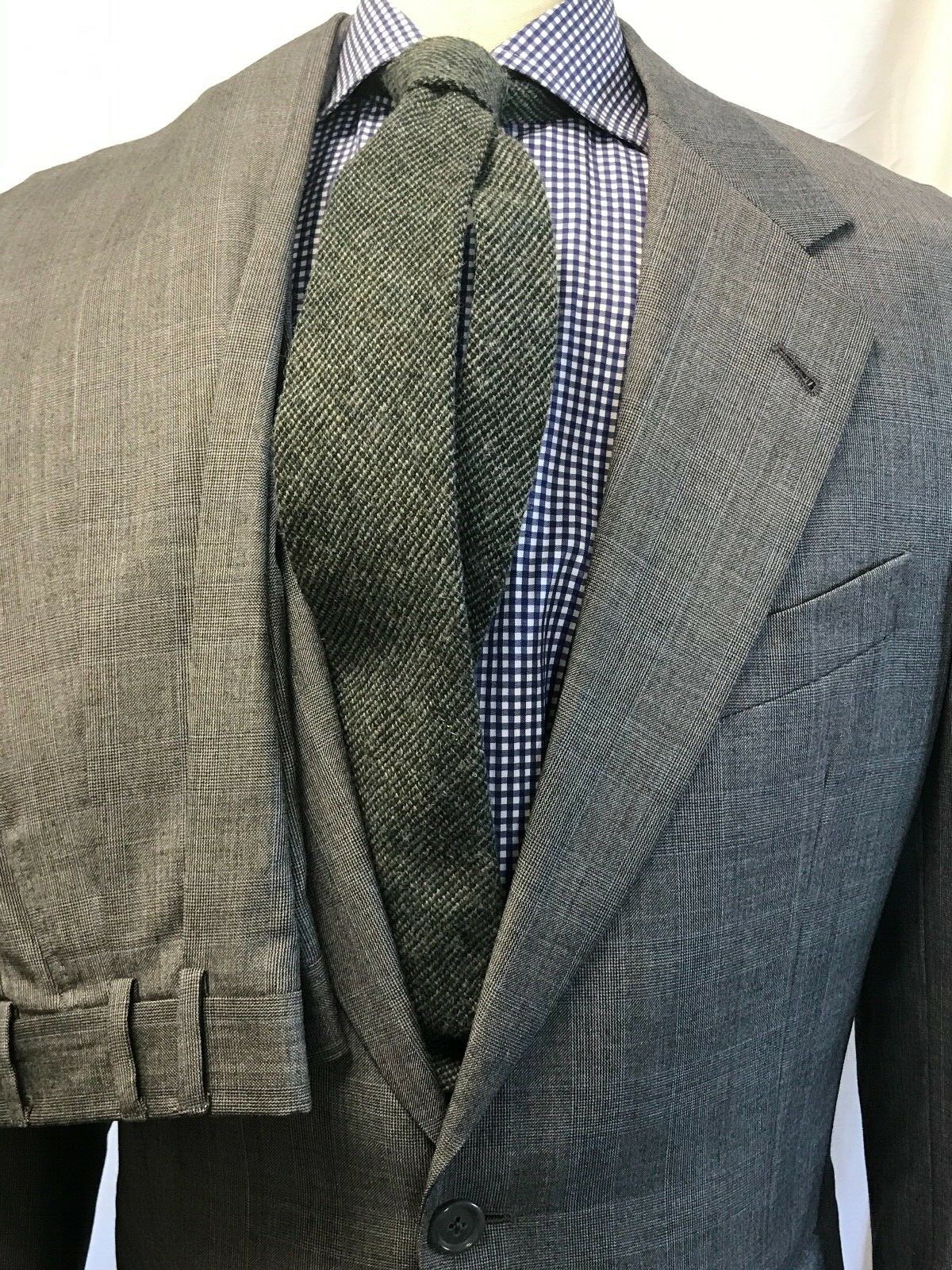 WARREN K COOK Mens Suit WOOL 2 Button GRAY CHECK Blue Window Pane 40R 2 ...