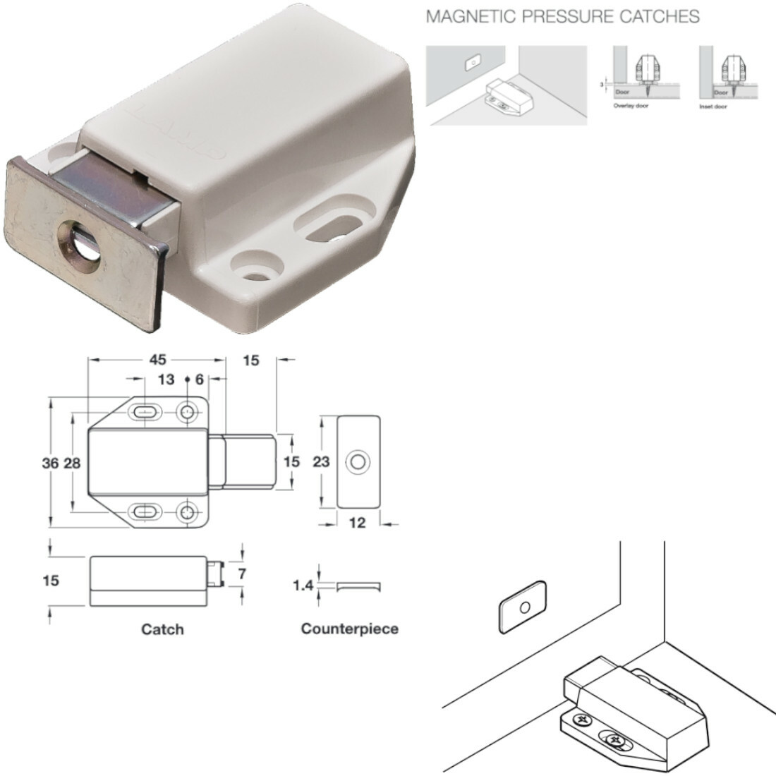 Hafele Magnetic Pressure Catch With Extra Long Throw White / Brown ...