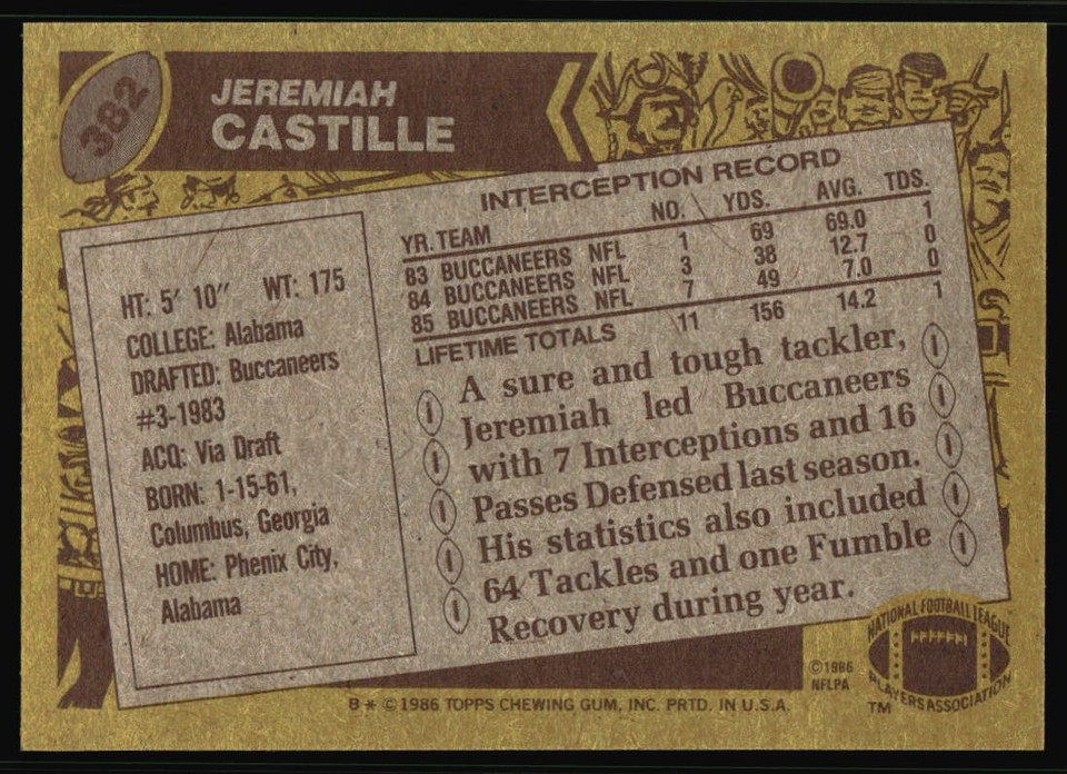 1986 Topps Jeremiah Castille Rookie #382 Tampa Bay Buccaneers | eBay