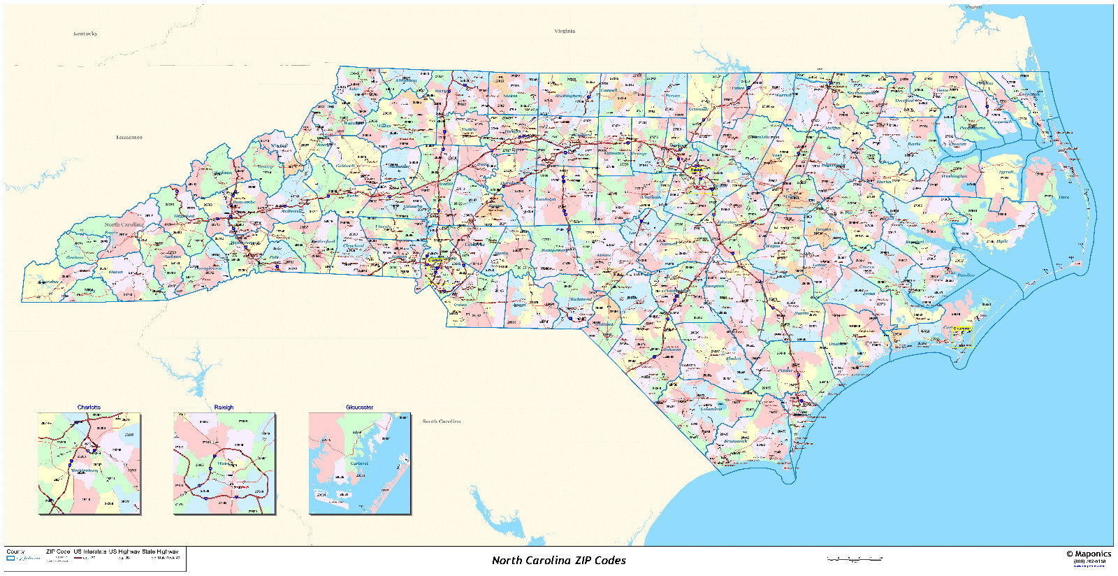 North Carolina State Zipcode Laminated Wall Map | eBay