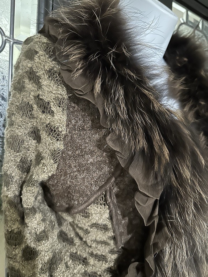 Wool Blend Crocheted Sweater Jacket Fur Trim Beige Brown Fancy Soft ...