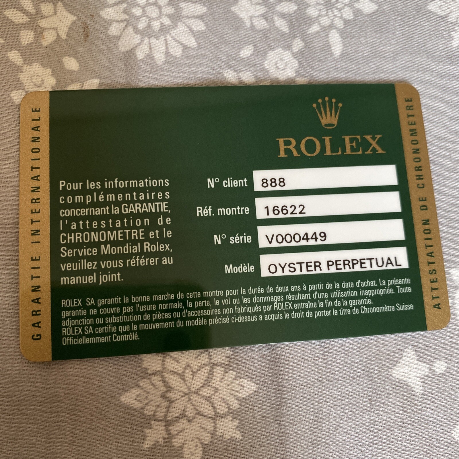 Authentic Rolex Yacht-Master 16622 Watch Guarantee Certificate Card ...