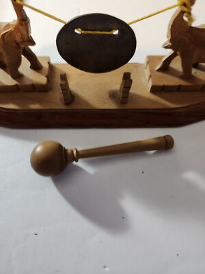 Carved Wooden Elephants Holding Gong With Wooden Gong Banger | eBay