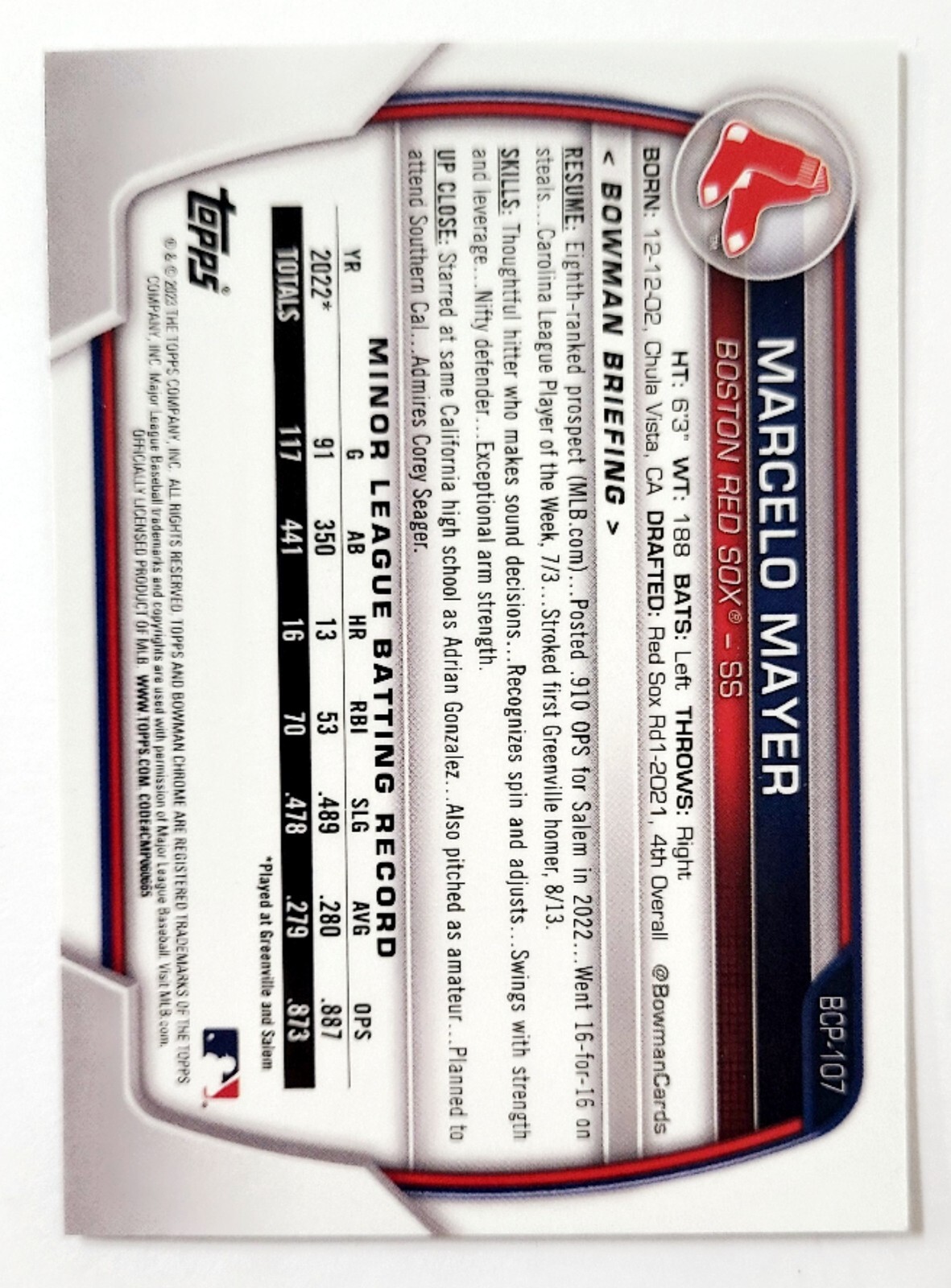 2023 Bowman Paper #BP-107 Marcelo Mayer Signed Auto ON Card Red Sox AAC ...