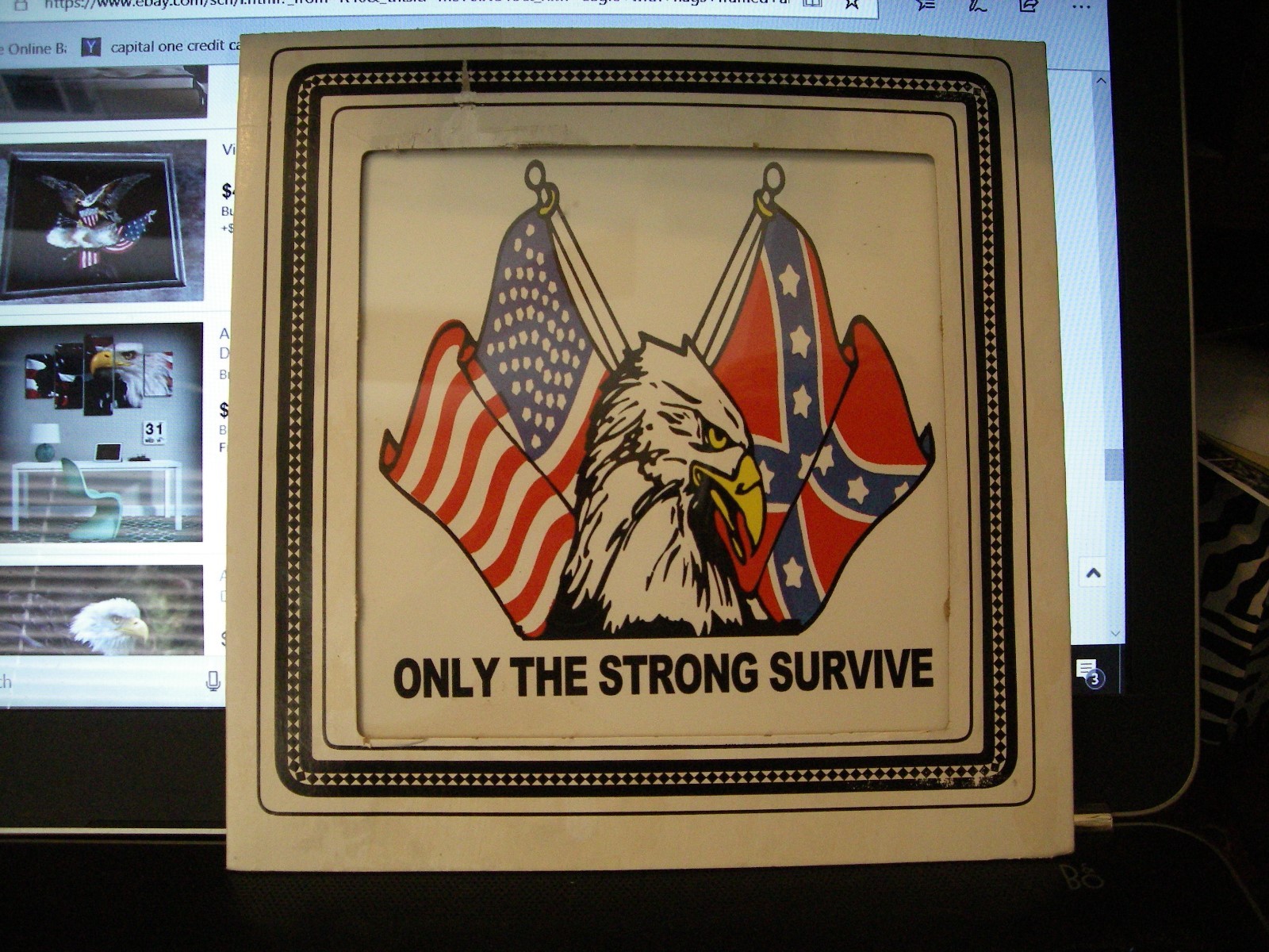 AMERICAN EAGLE WITH 2 FLAGS ON EACH SIDE "Only The Strong Survive" 8x8 ...