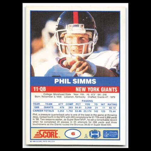 Phil Simms #6 1989 Score New York Giants Football Card NFL NM | eBay