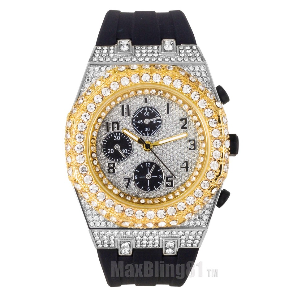 HIP HOP ICED SILICONE BAND LUXURY SIMULATED DIAMOND BLING OCTAGON BEZEL ...