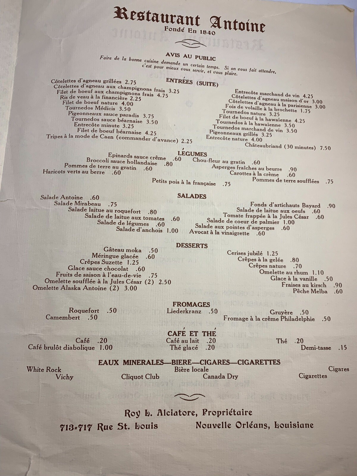 VINTAGE 1940 CENTENNIAL MENU FROM RESTAURANT ANTOINE IN NEW ORLEANS ...
